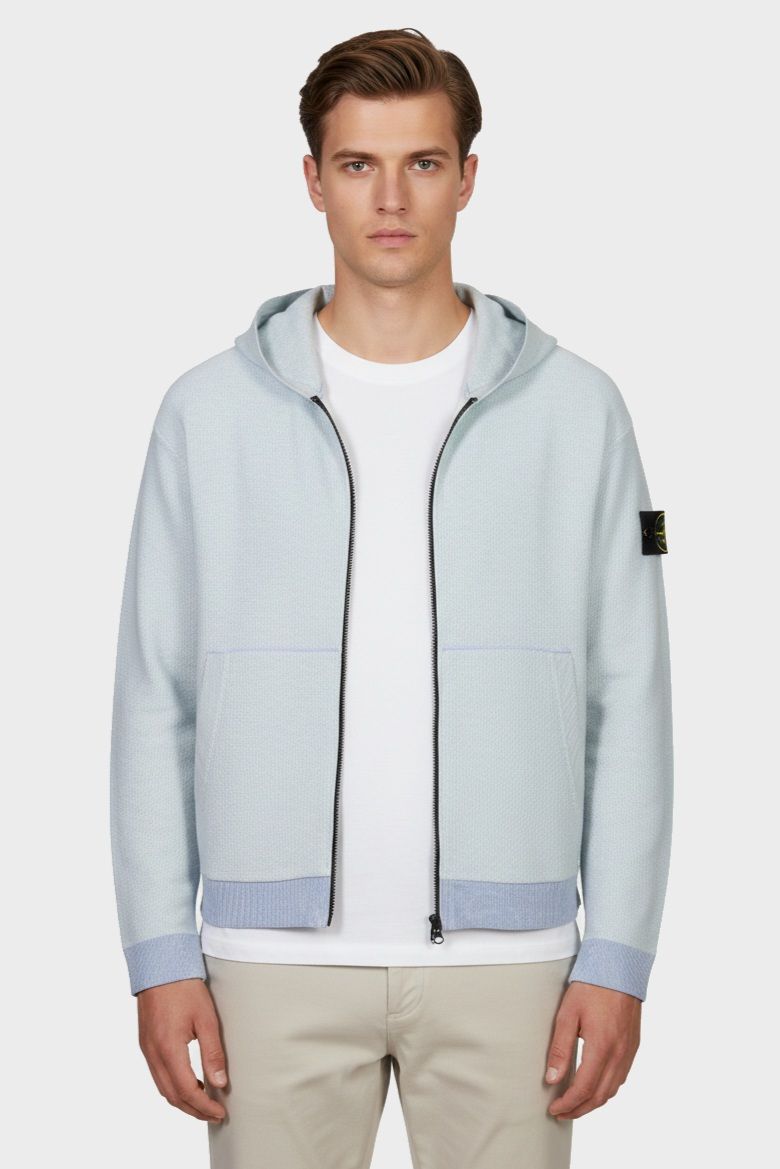 STONE ISLAND Summer Knit Zip Hoodie in Light Blue